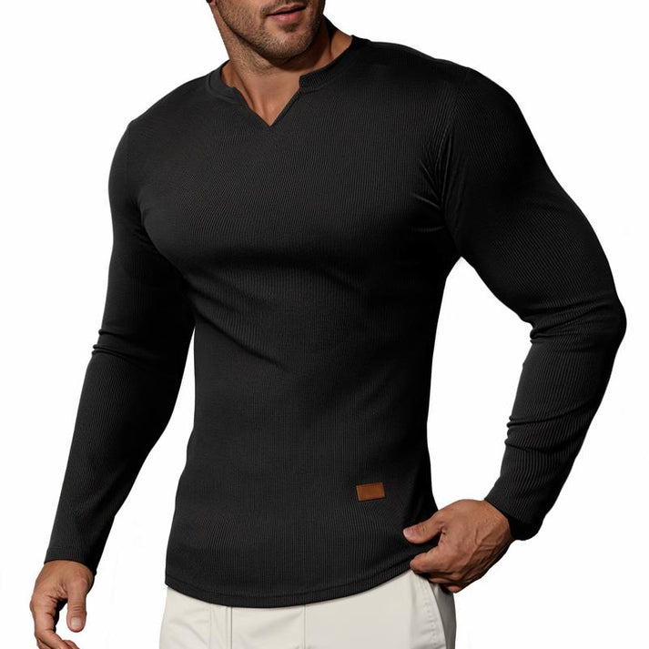 V-Neck Longline Ribbed Tees Shirts Long Sleeve Gym Workout Athletic Me ...